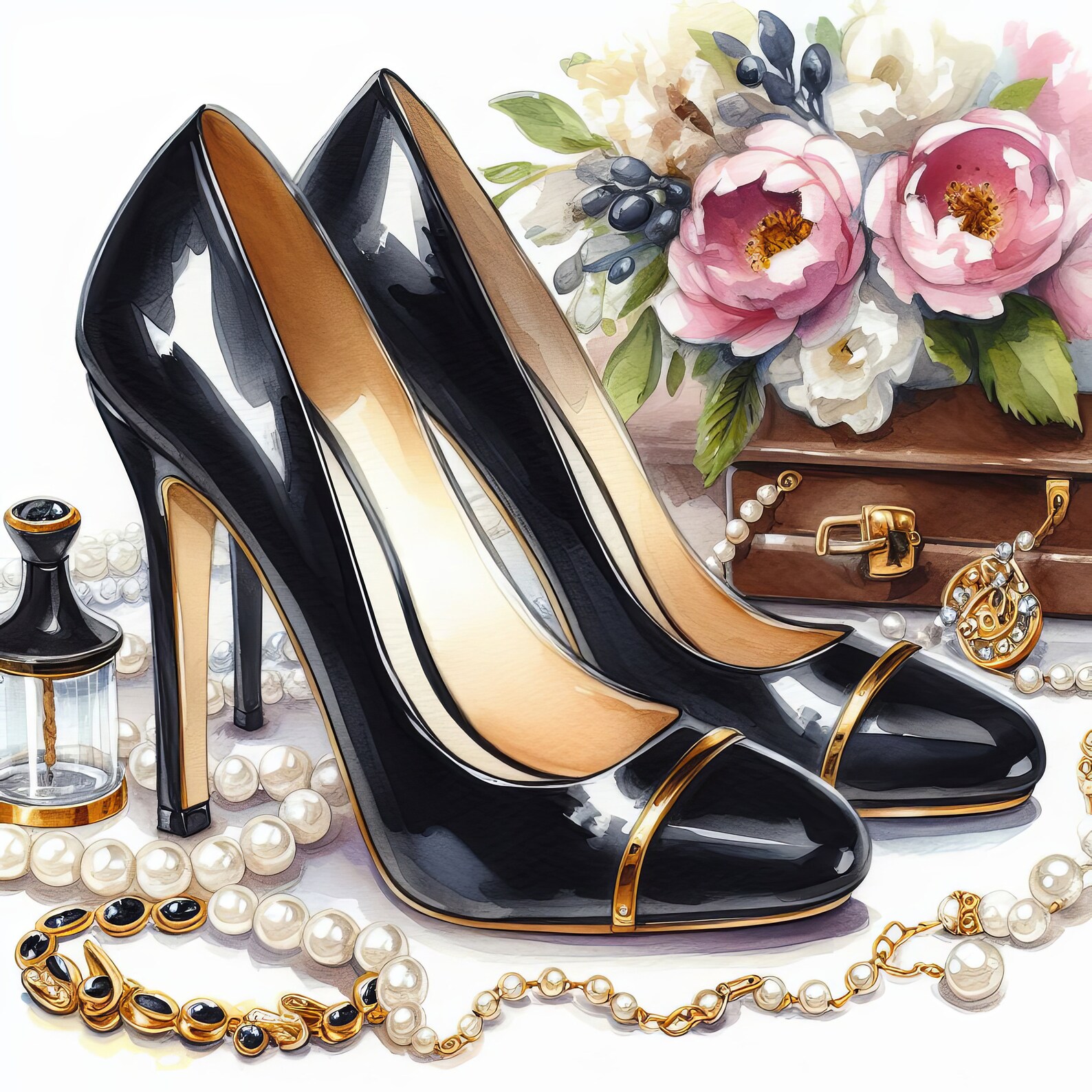 Watercolor High Heels Clipart Bundle Black and Gold High Heels Clip Art ...