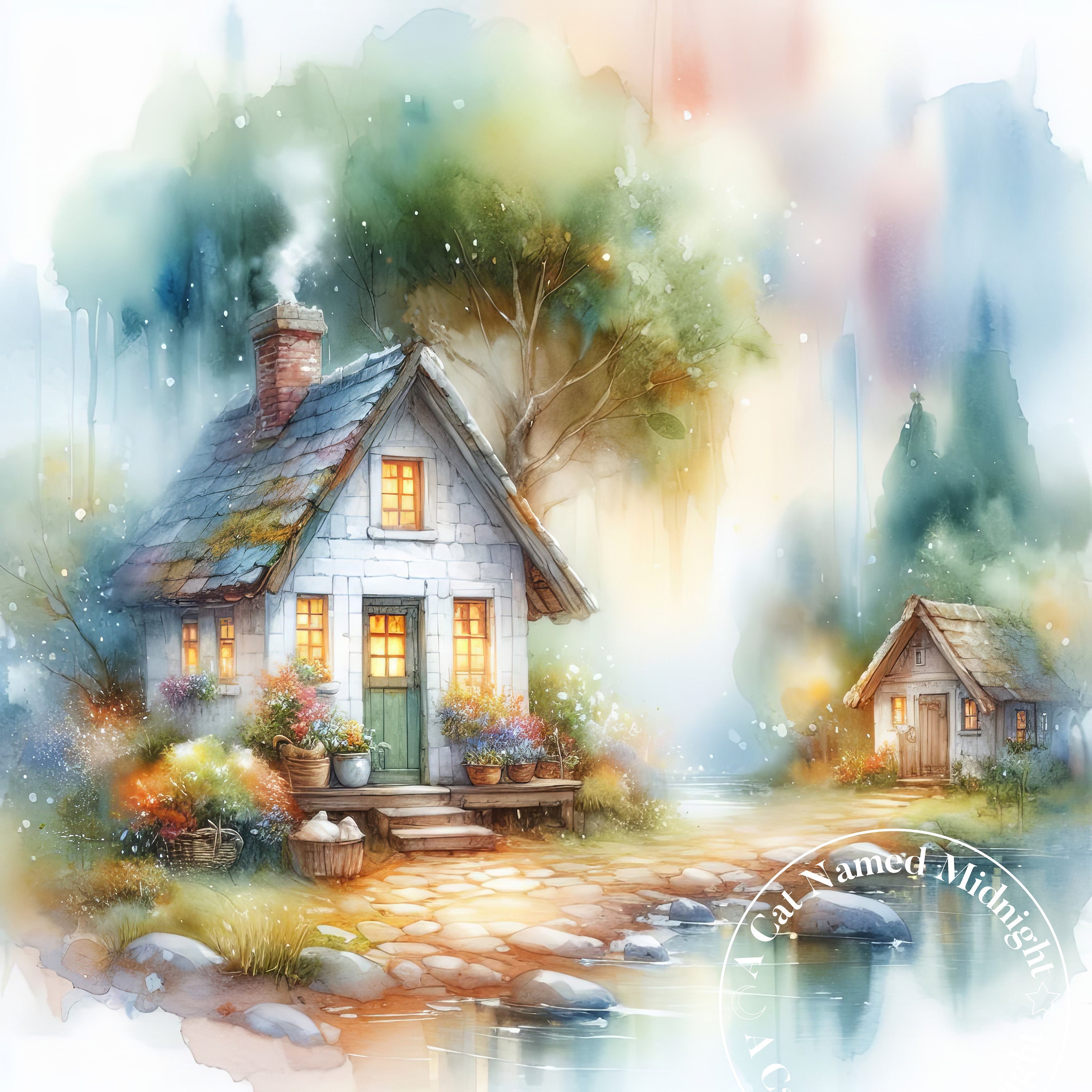 10 Tiny White Cottages Clipart Bundle Whimsical Cottages Watercolor ...