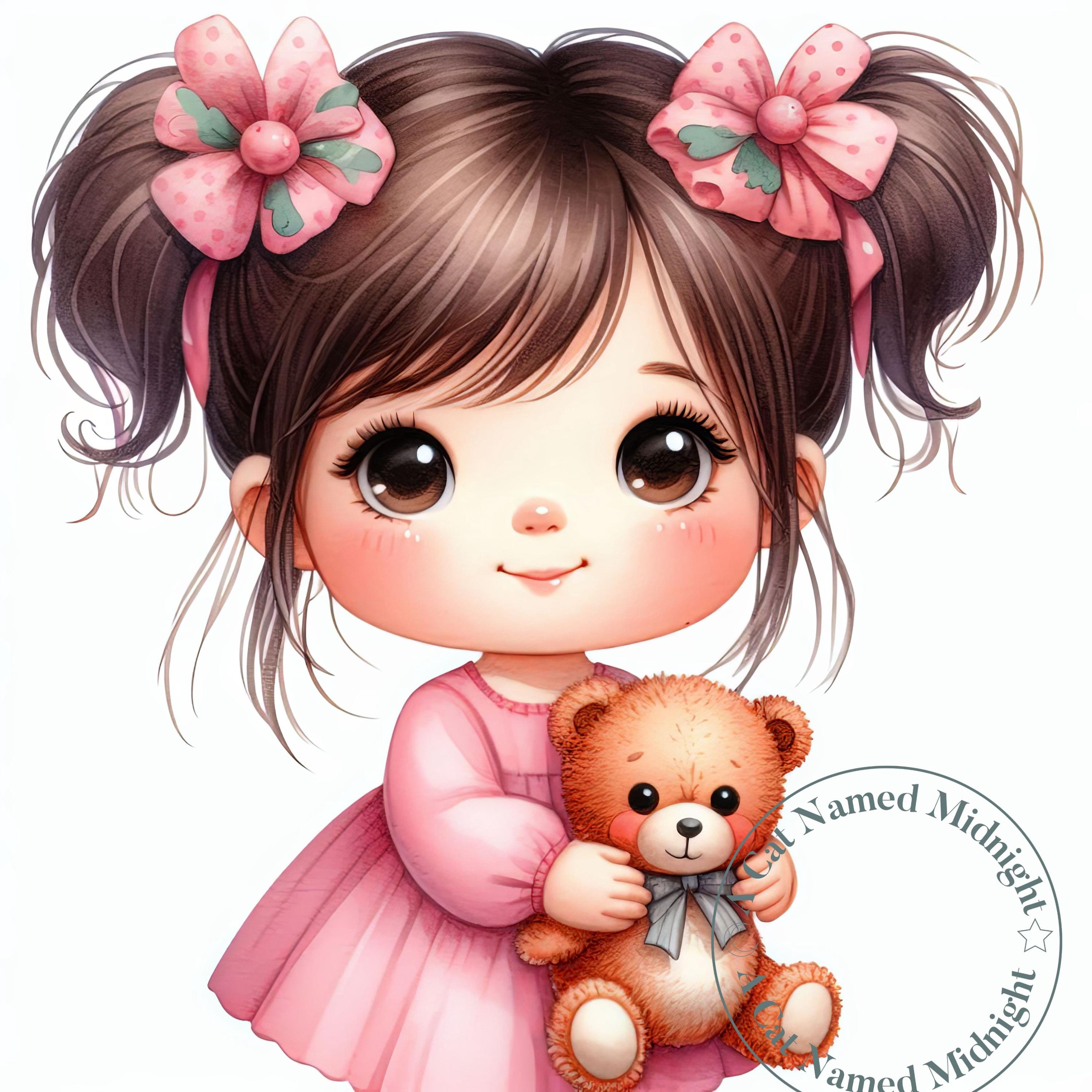Sweet Baby Girl With Teddy Bear Clipart 12 Jpgs Little Girl Watercolor ...