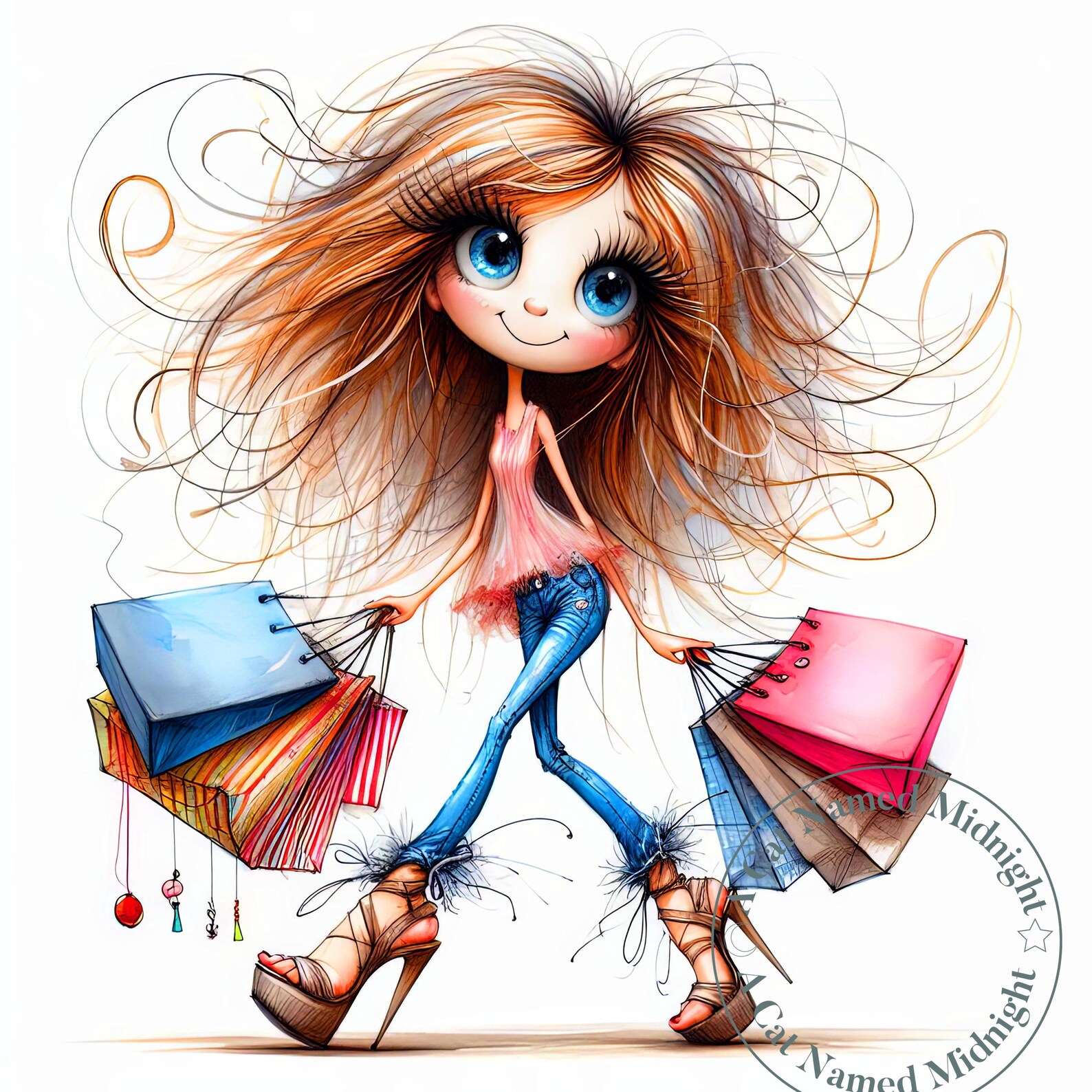 Quirky Girl Shopper Clipart 11 JPG Whimsical Watercolor Clip Art Woman ...