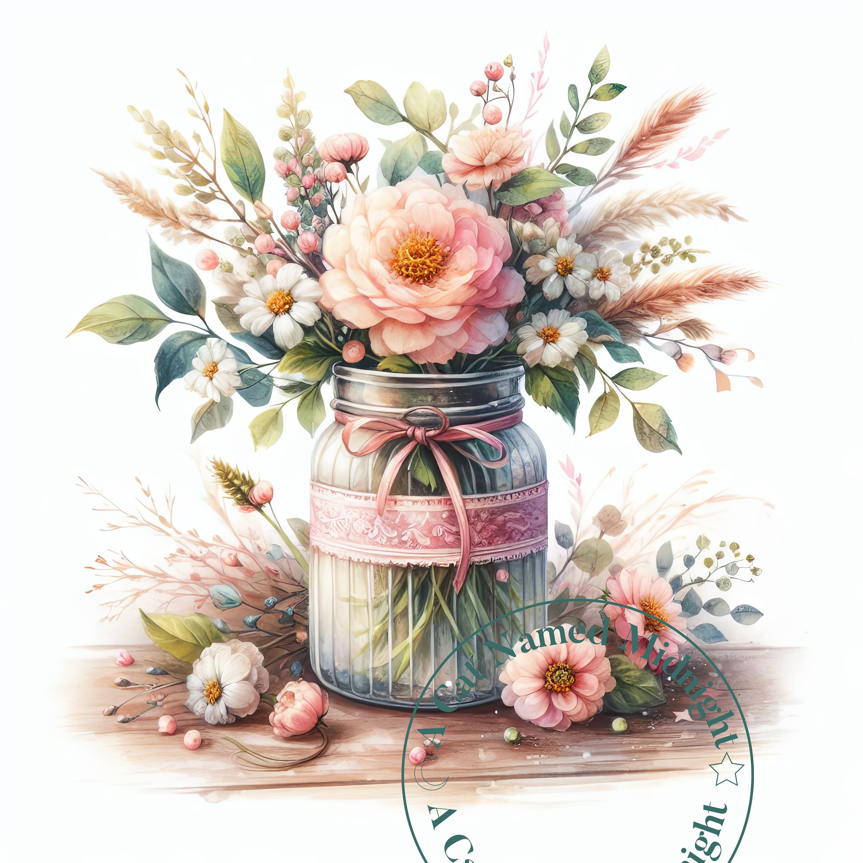 10 Mason Jar Flowers Clipart Shabby Chic Floral Watercolor Vintage Clip ...
