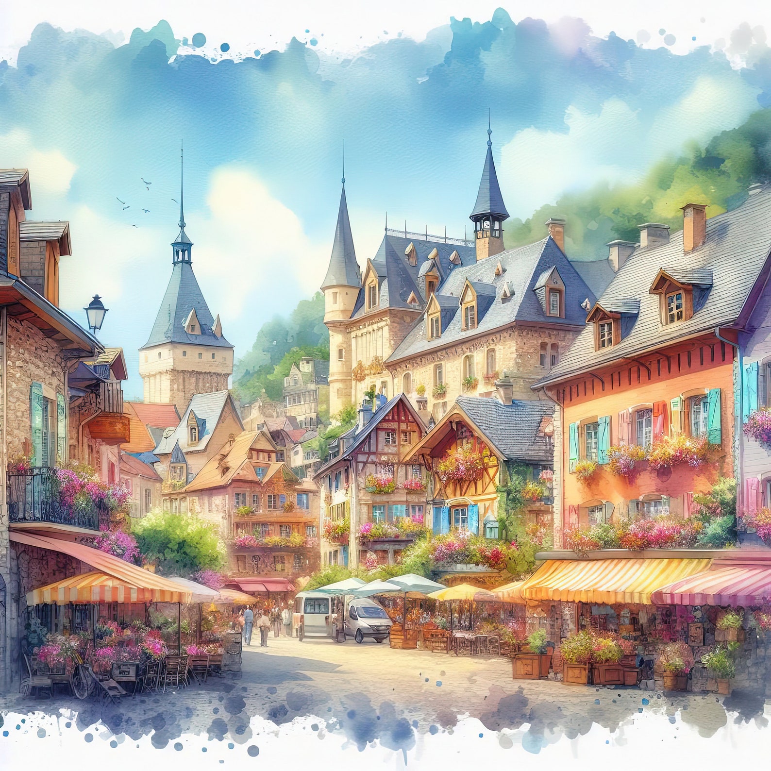 Watercolor French Village Clipart Bundle Vintage Clip Art Coloful House ...