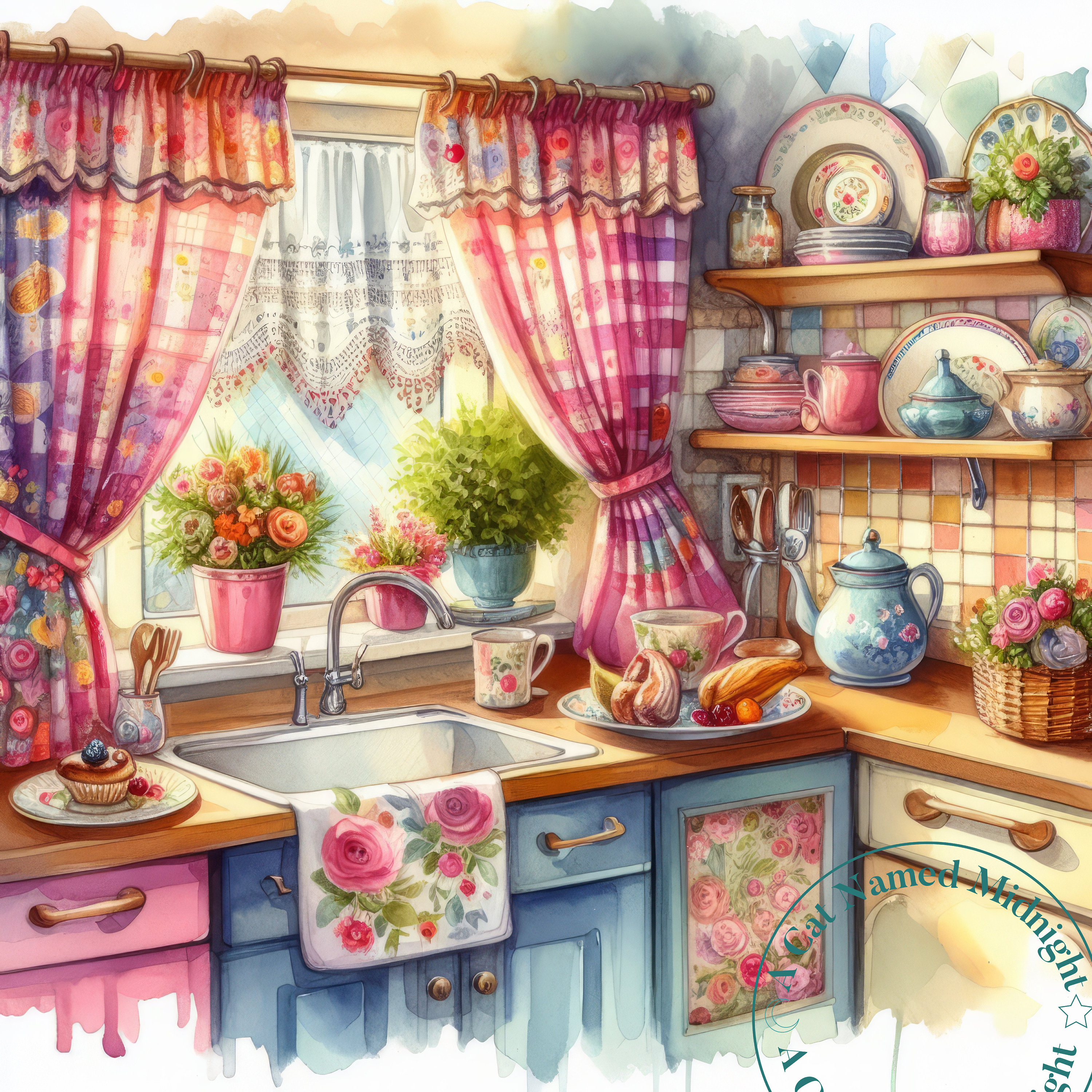 Watercolor Cute Retro Kitchen Clipart Shabby Chic Kitchen Vintage Clip ...