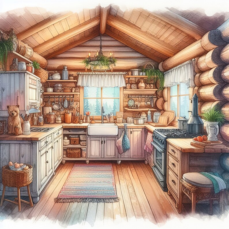 Watercolor Rustic Log Cabin Kitchen Clipart Country Kitchen Vintage ...