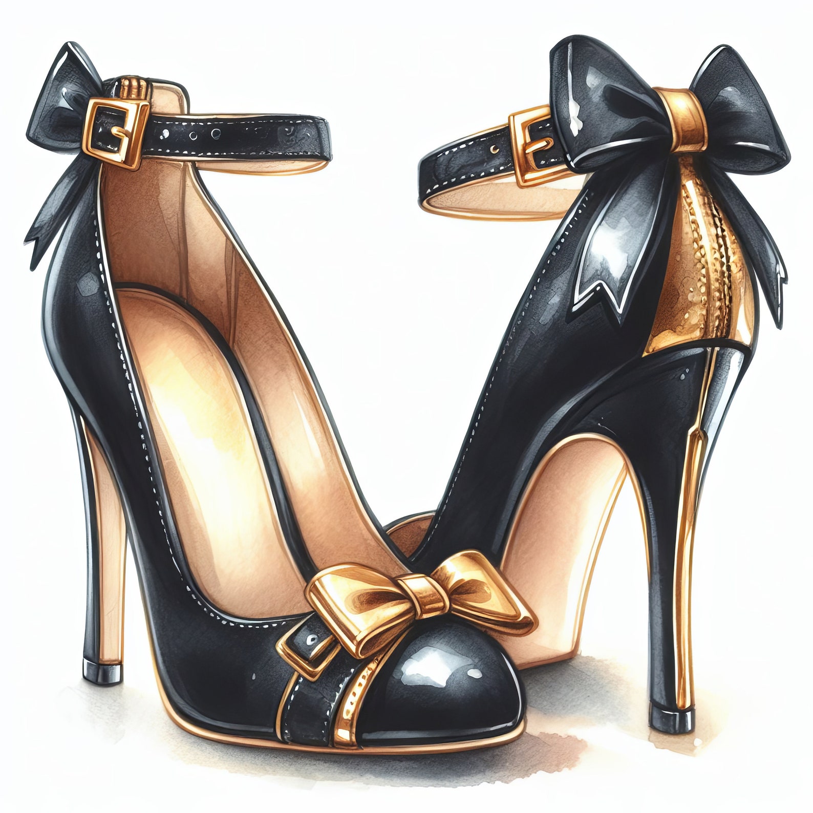 Watercolor High Heels Clipart Bundle Black and Gold High Heels Clip Art ...
