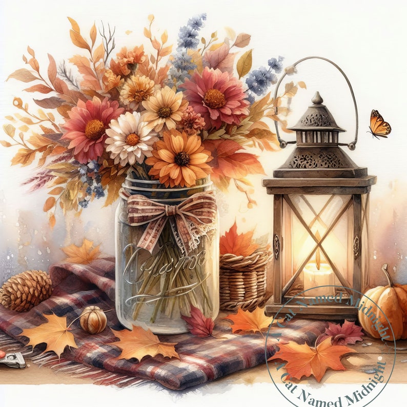 10 Autumn Mason Jar Flowers and Lanterns Clipart Shabby Chic Floral ...
