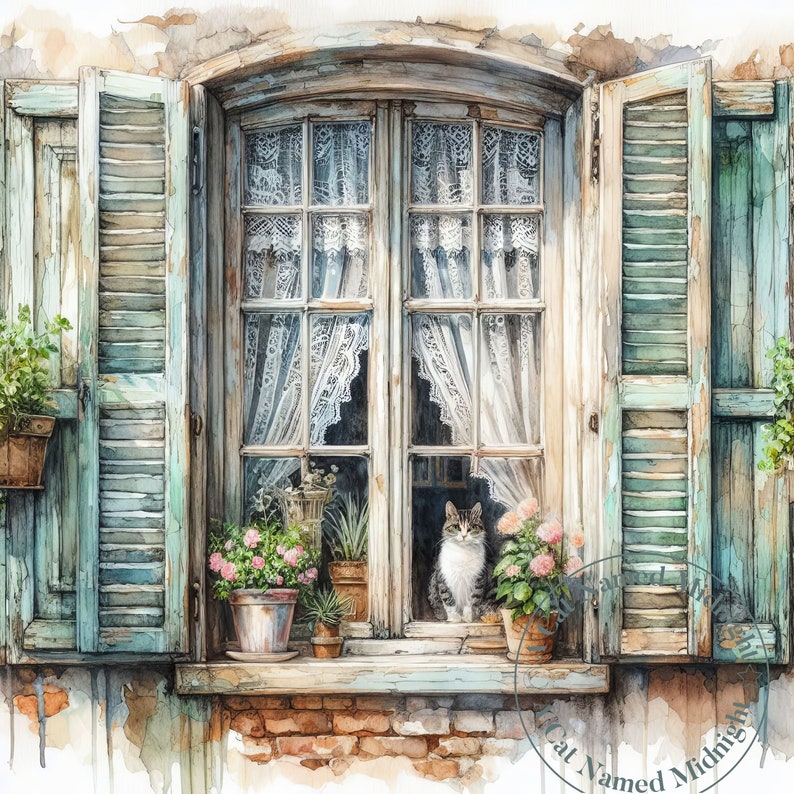 10 Watercolor Cat Clipart Shabby Chic Windows Clip Art Cat Images ...