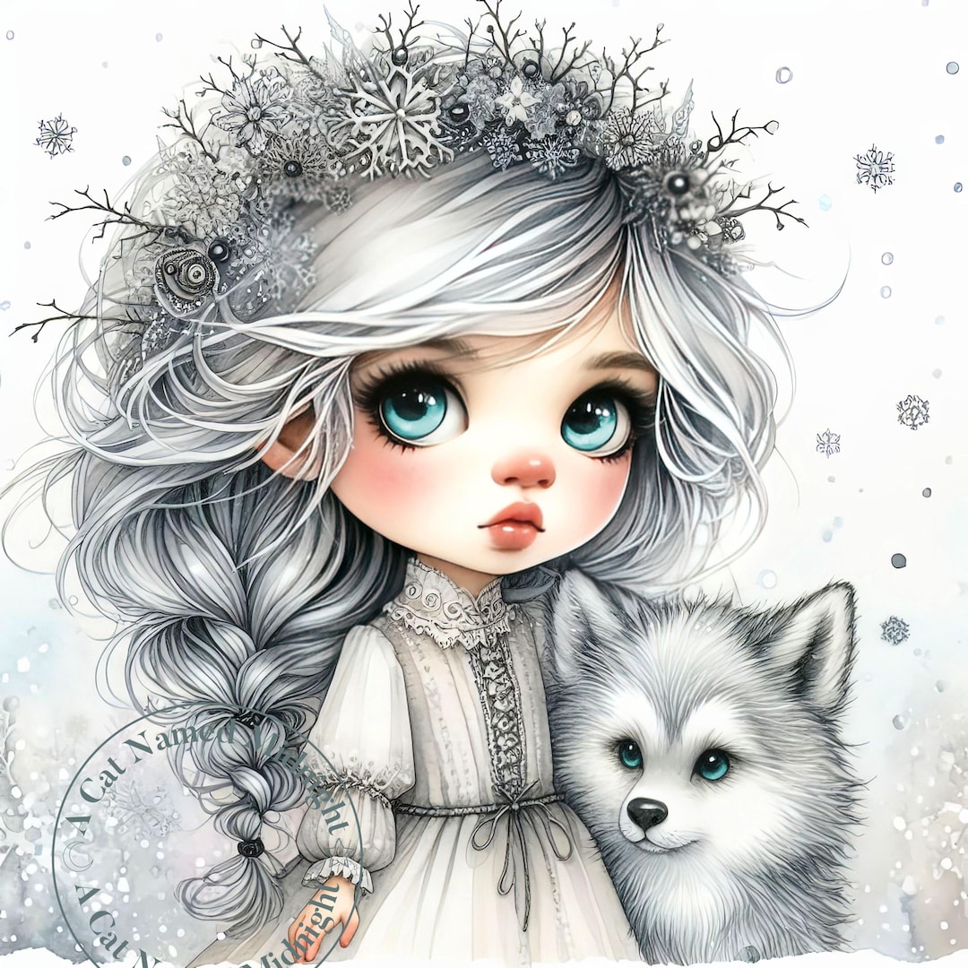 Snow Princess Clipart With White Wolf, 13 JPG Whimsical Winter Girl ...