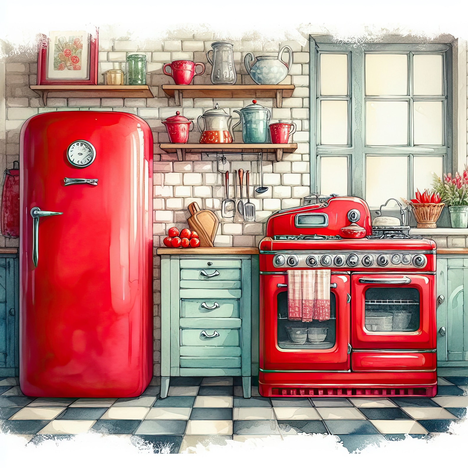 Watercolor Retro Red Kitchen Clipart Vintage Kitchen Clip Art ...