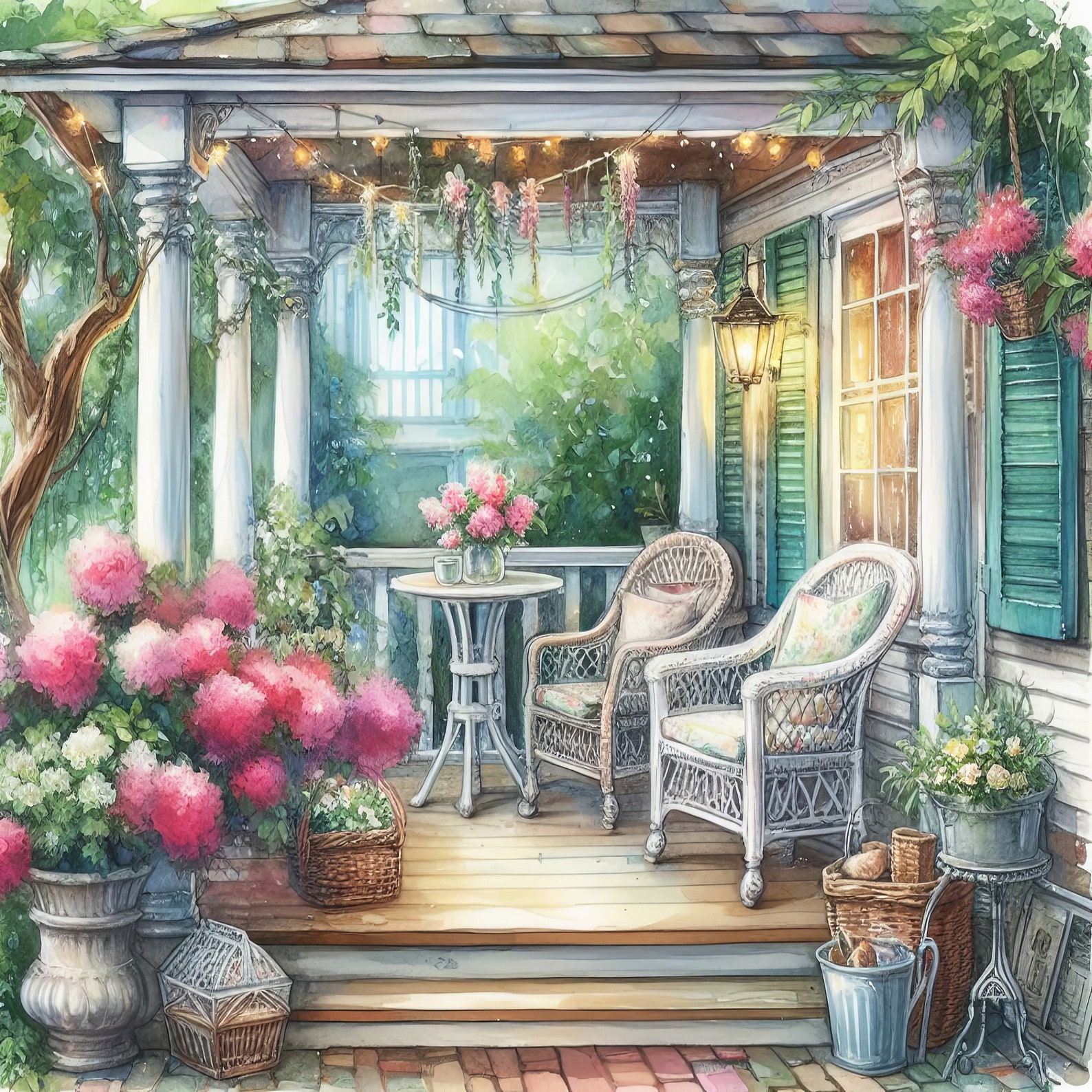 Watercolor Shabby Chic Porch Clipart Vintage Clip Art Watercolor ...