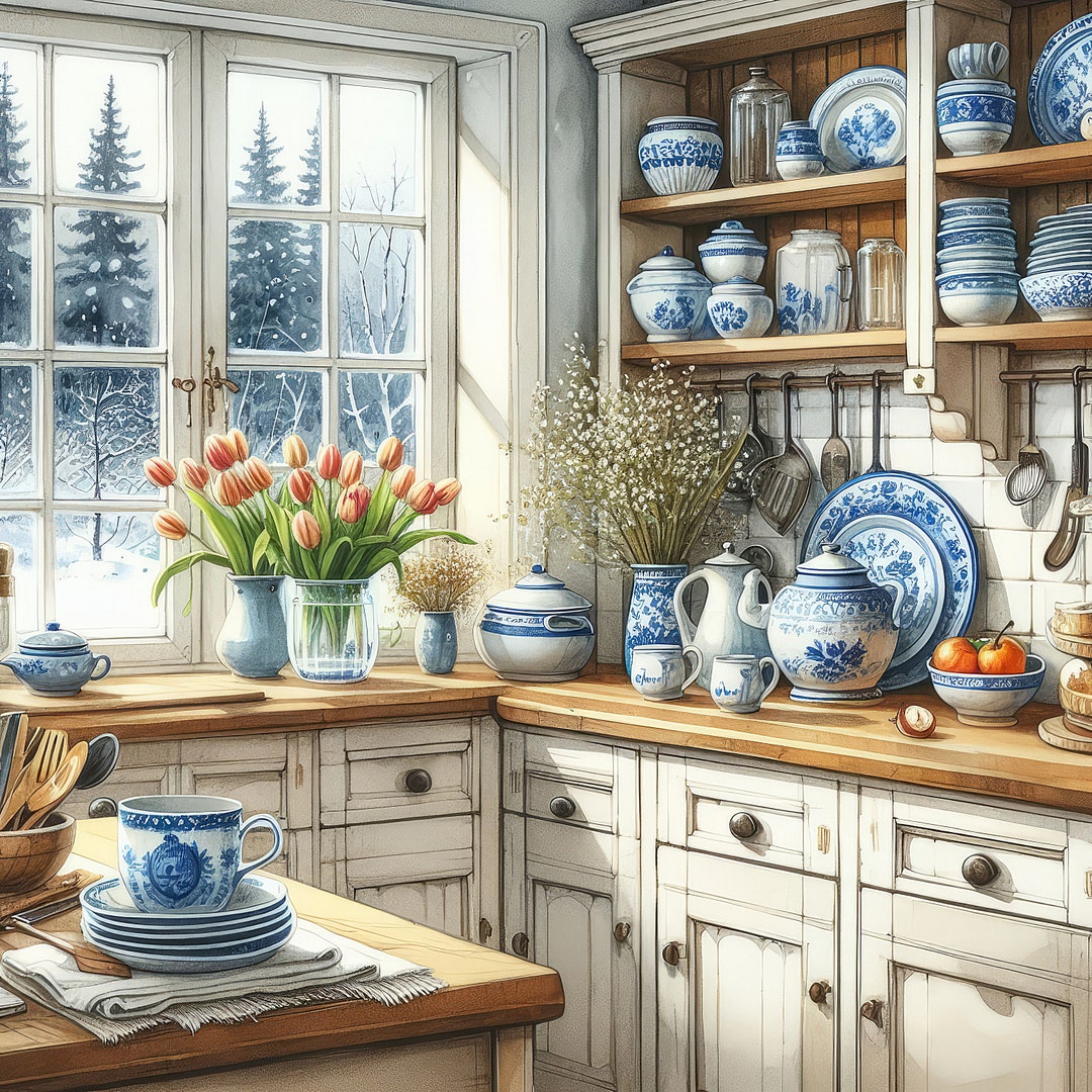 Watercolor Farmhouse Kitchen Clipart Watercolor Cottage Kitchen Clip ...