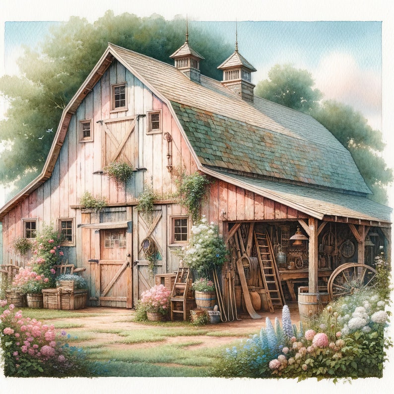 Watercolor Old Rustic Red Barn Clipart Bundle Vintage Clip Art Barn ...