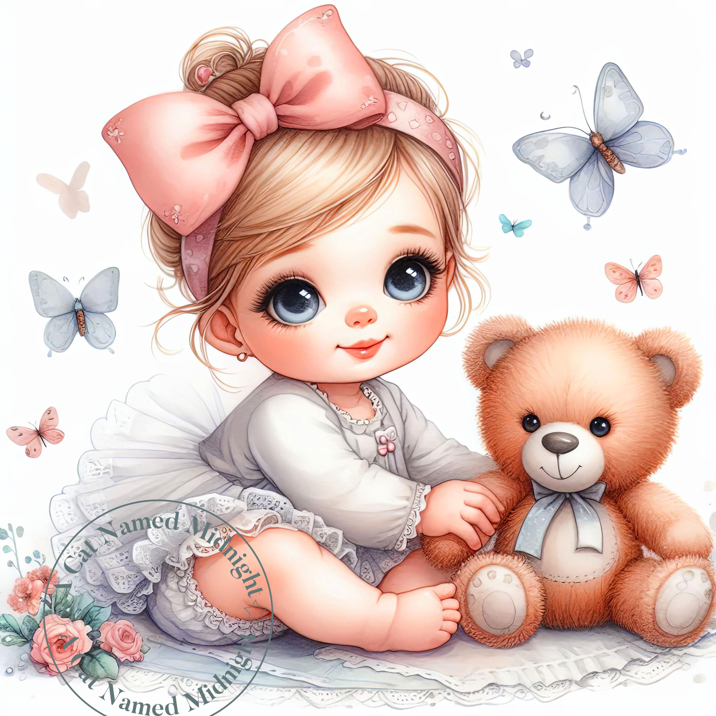 Cute Baby Girl With Teddy Bear Clipart 12 Jpgs Little Girl Watercolor ...