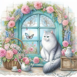 Cat Clipart 11 Watercolor Shabby Chic Cats in Windows Clip Art Cat ...