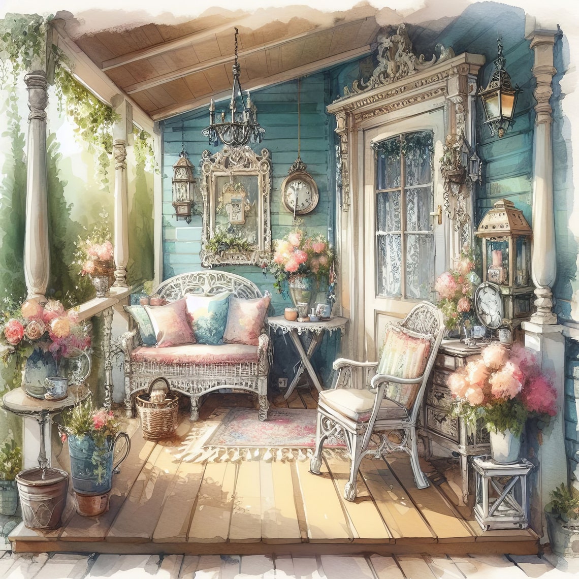 Watercolor Shabby Chic Porch Clipart Vintage Clip Art Watercolor ...