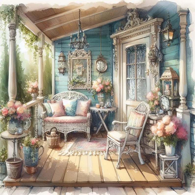 Watercolor Shabby Chic Porch Clipart Vintage Clip Art Watercolor ...