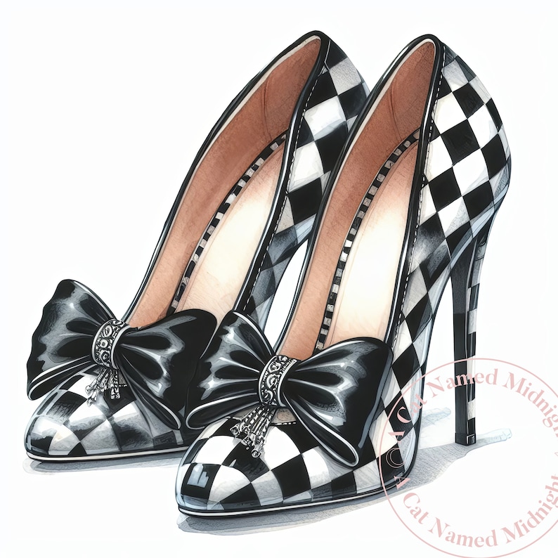 10 Black and White Checkered High Heels Clipart Bundle Watercolor High ...