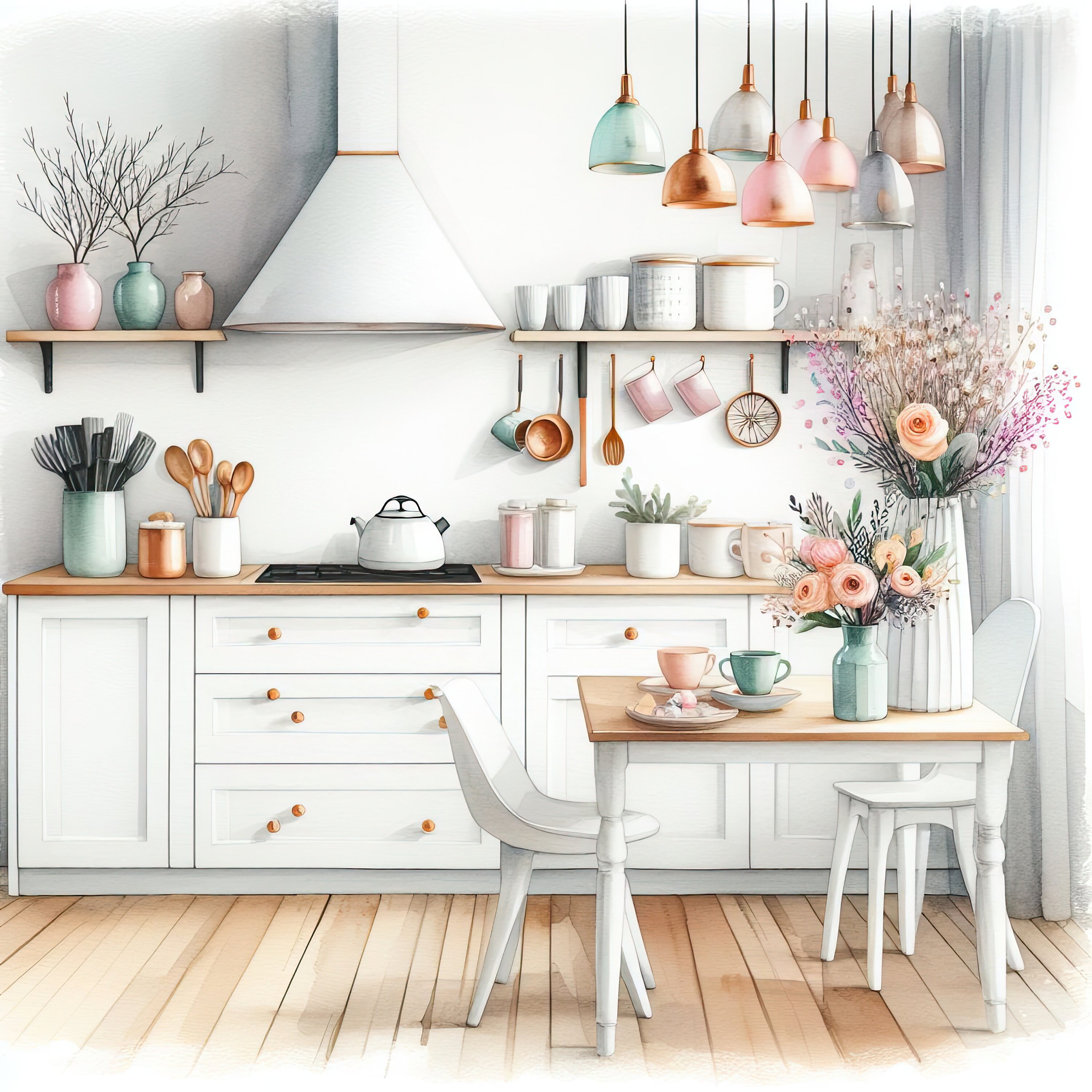Watercolor Modern Farmhouse Kitchen Clipart Watercolor Cottage Kitchen ...