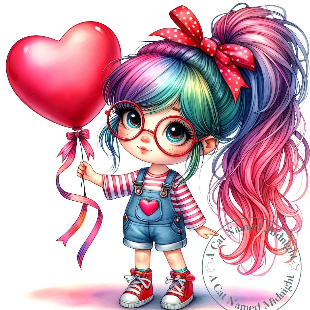 Cute Quirky Girl With a Heart Balloon Clipart 13 JPG Valentine Sweetest ...