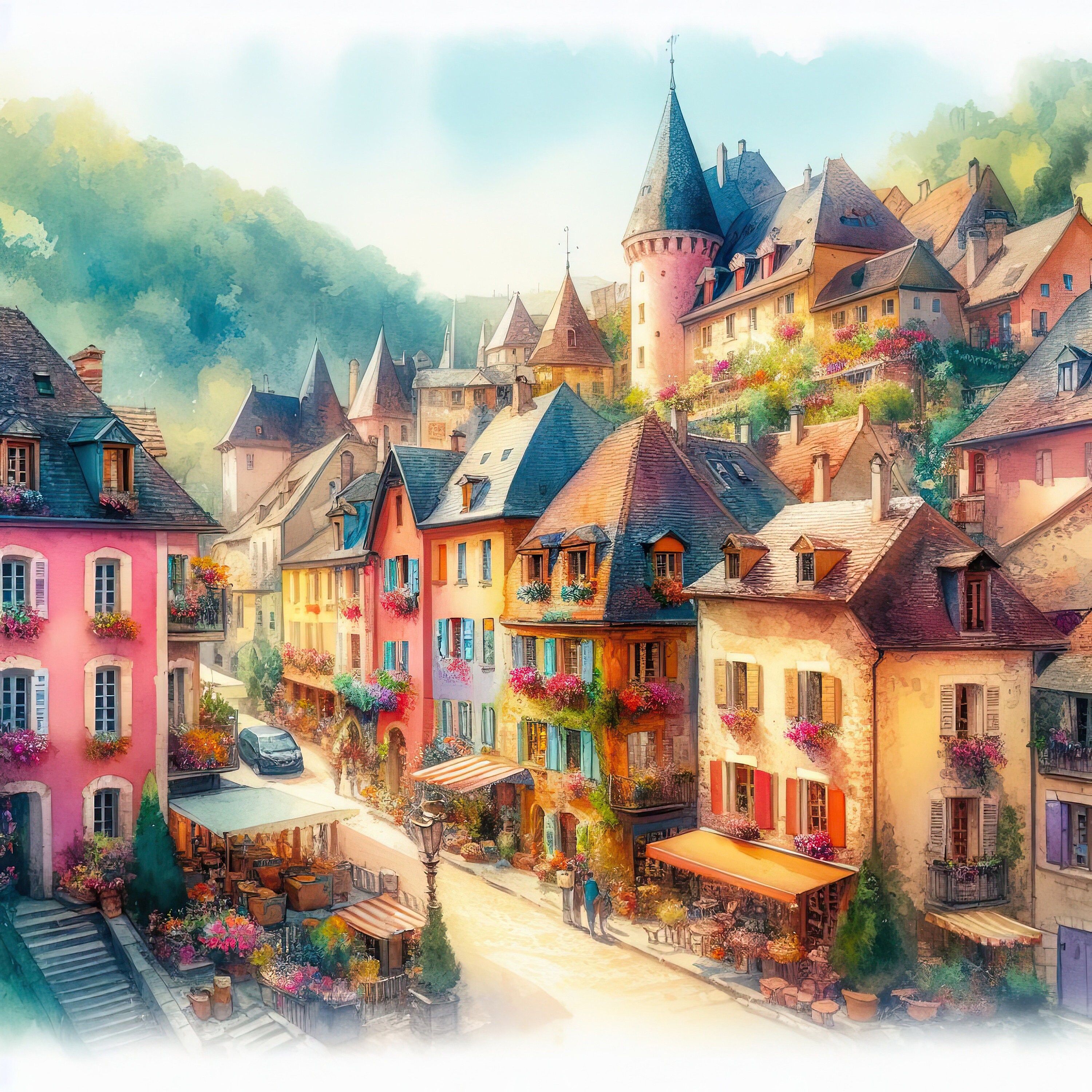 Watercolor French Village Clipart Bundle Vintage Clip Art Coloful House ...