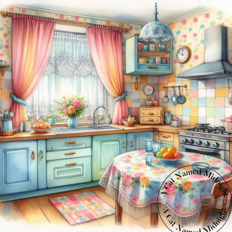Watercolor Cute Retro Kitchen Clipart Shabby Chic Kitchen Vintage Clip ...