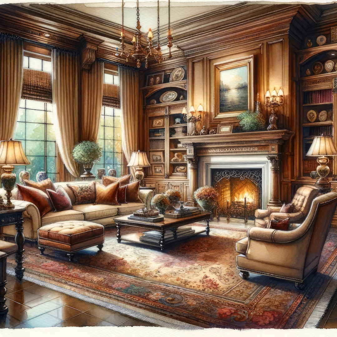 10 Traditional Living Room Clipart Watercolor JPG Images House Clip Art ...