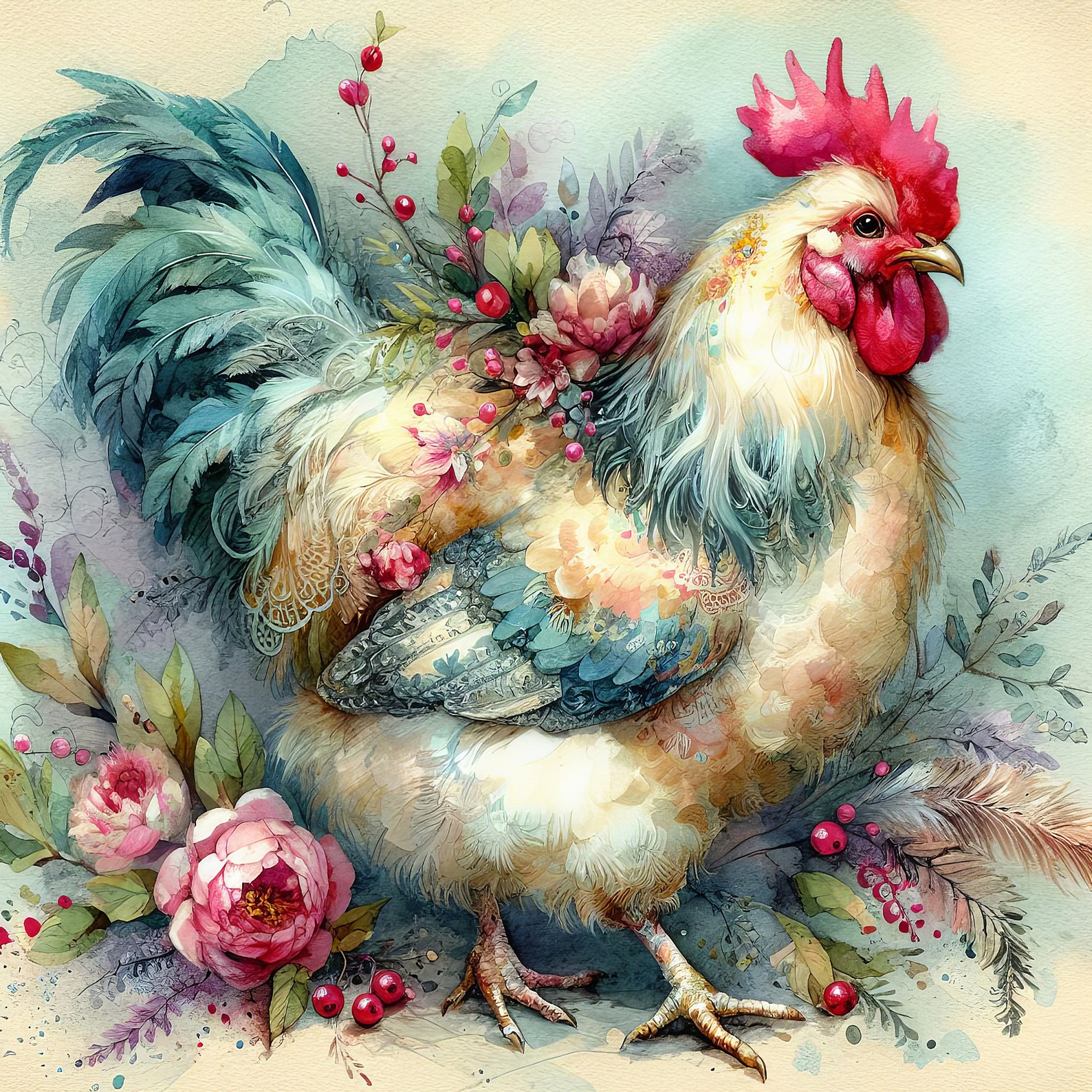 Watercolor Chicken Clipart Watercolor Rooster Clip Art Easter Farm ...