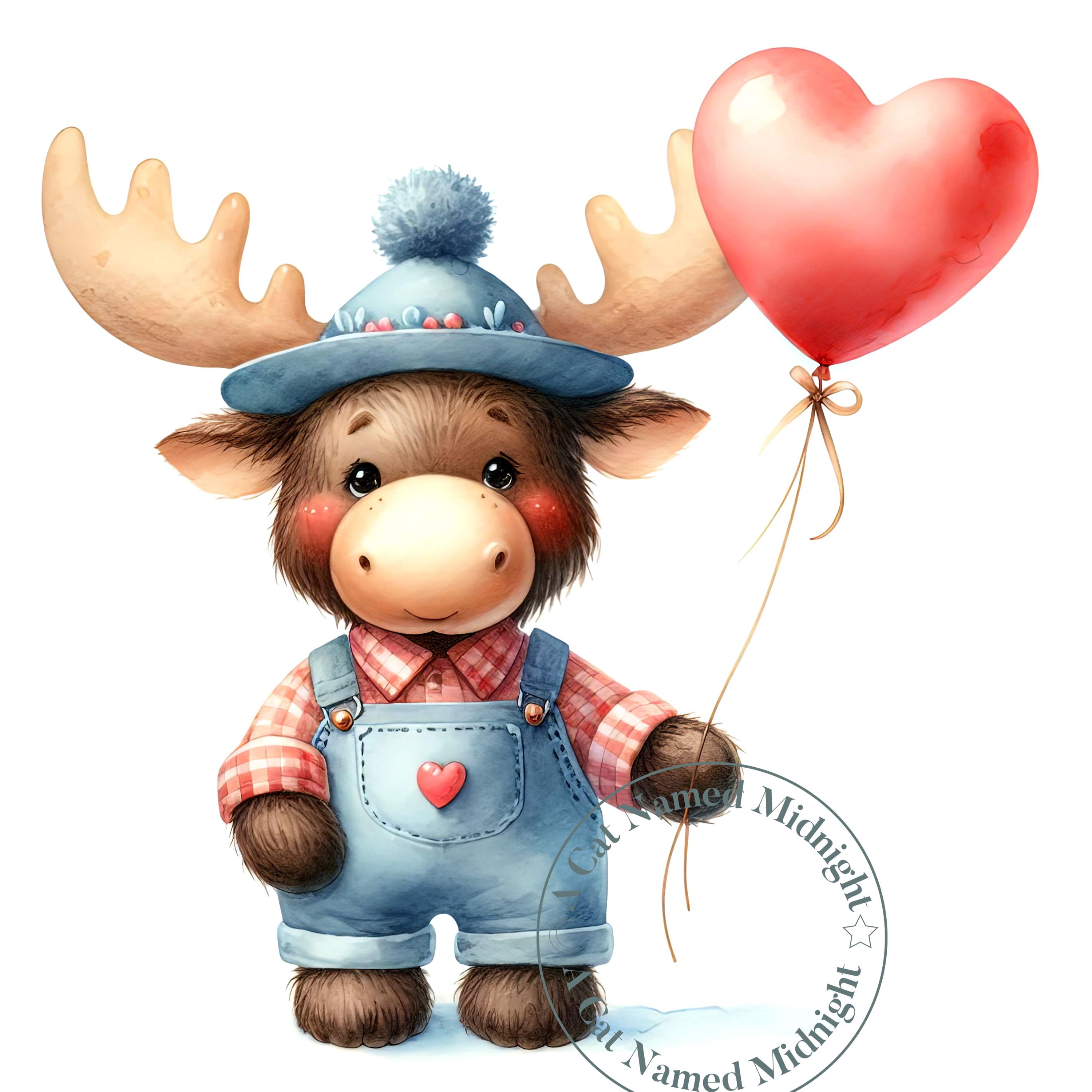 Cute Little Moose With a Heart Balloon Clipart 12 JPG Watercolor Clip ...