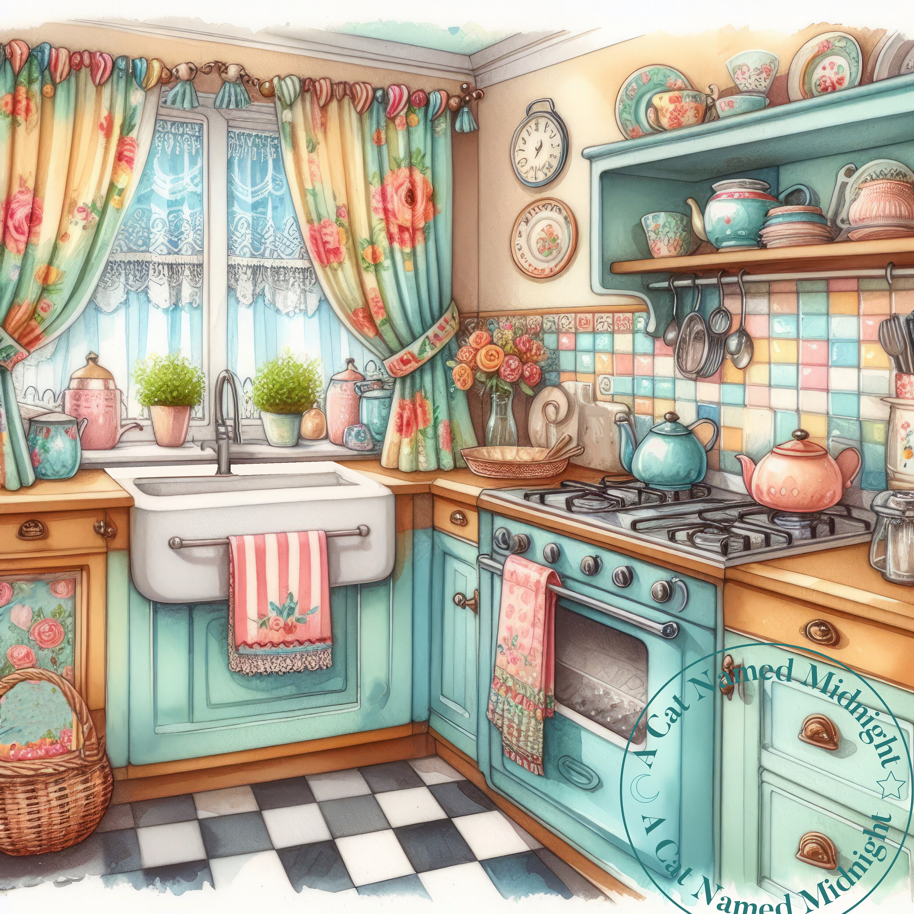 Watercolor Cute Retro Kitchen Clipart Shabby Chic Kitchen Vintage Clip ...