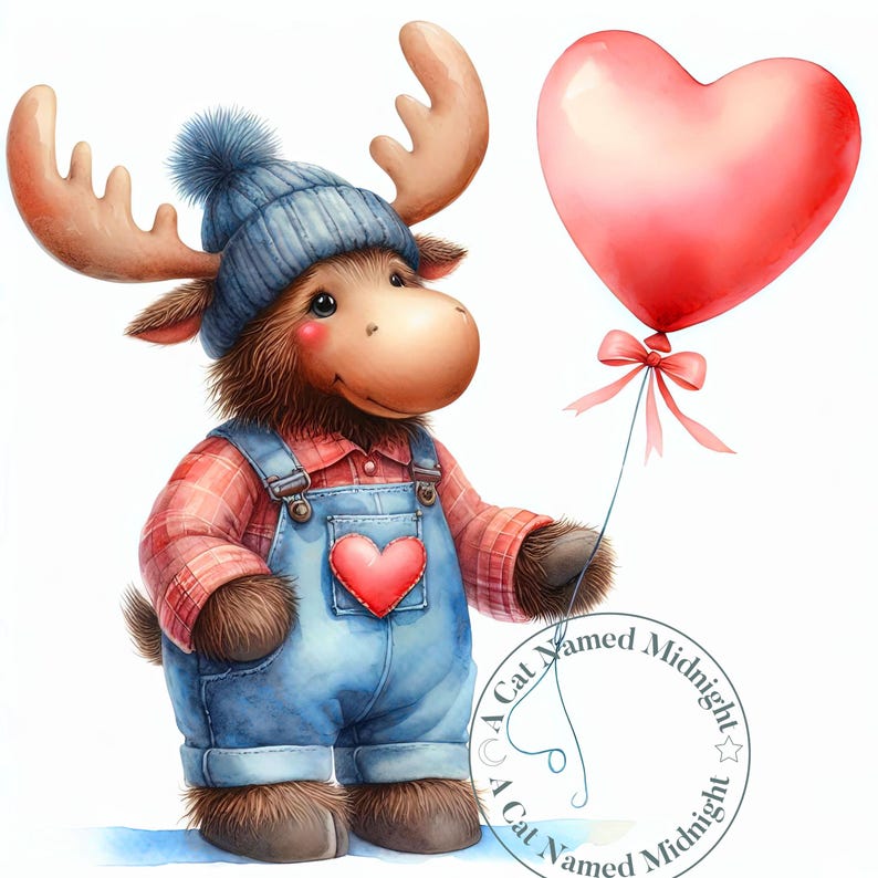 Cute Little Moose With a Heart Balloon Clipart 12 JPG Watercolor Clip ...