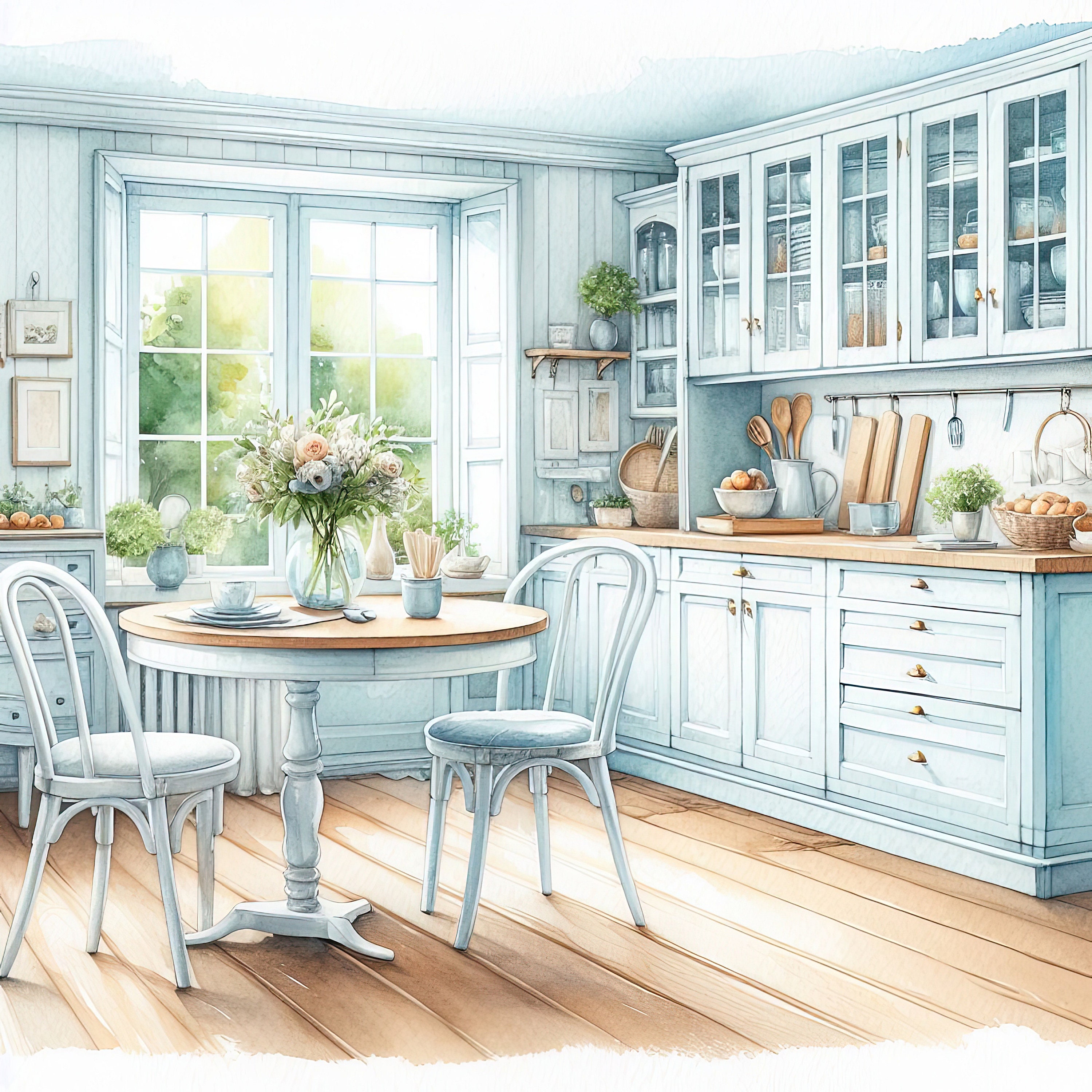 Watercolor Beach Cottage Kitchen Clipart Watercolor Kitchen Vintage ...