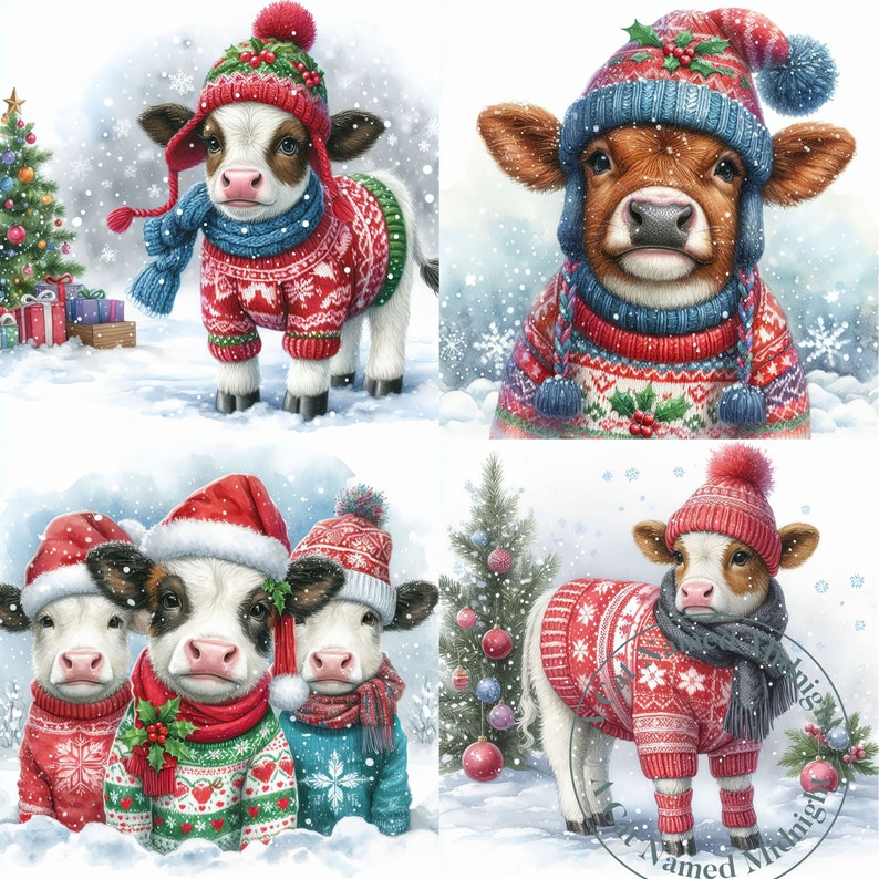Cows in Christmas Sweaters Clipart 11 JPEG Watercolor Xmas Cow Clip Art ...