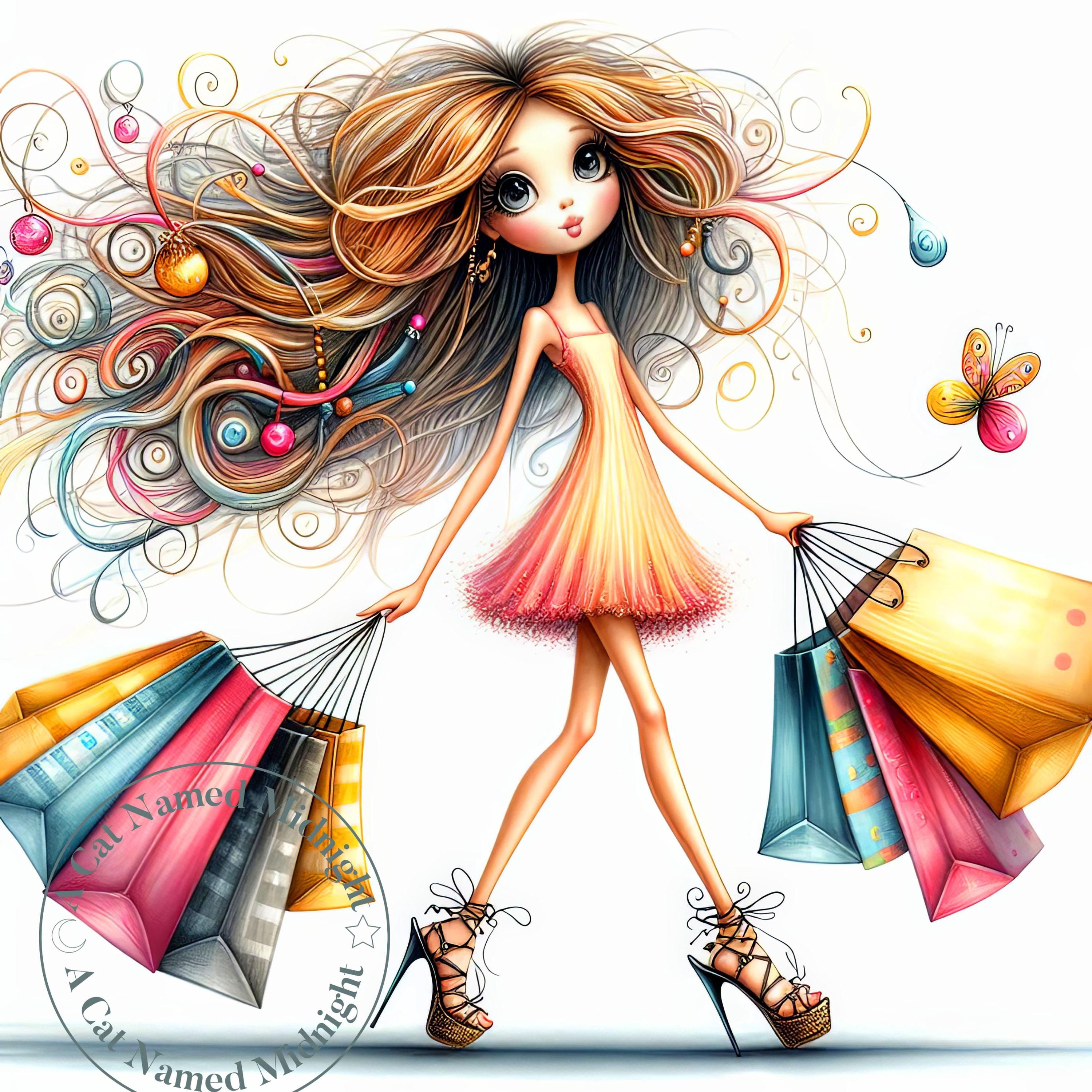 Quirky Girl Shopper Clipart 13 High Quality Jpgs Whimsical Girl at the ...