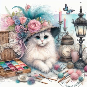 10 Shabby Chic Cat Clipart Watercolor Cat Clip Art Cat Images Bundle ...