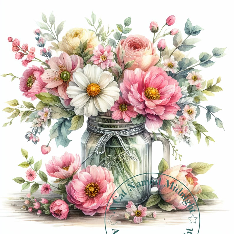 10 Mason Jar Flowers Clipart Shabby Chic Floral Watercolor Vintage Clip ...