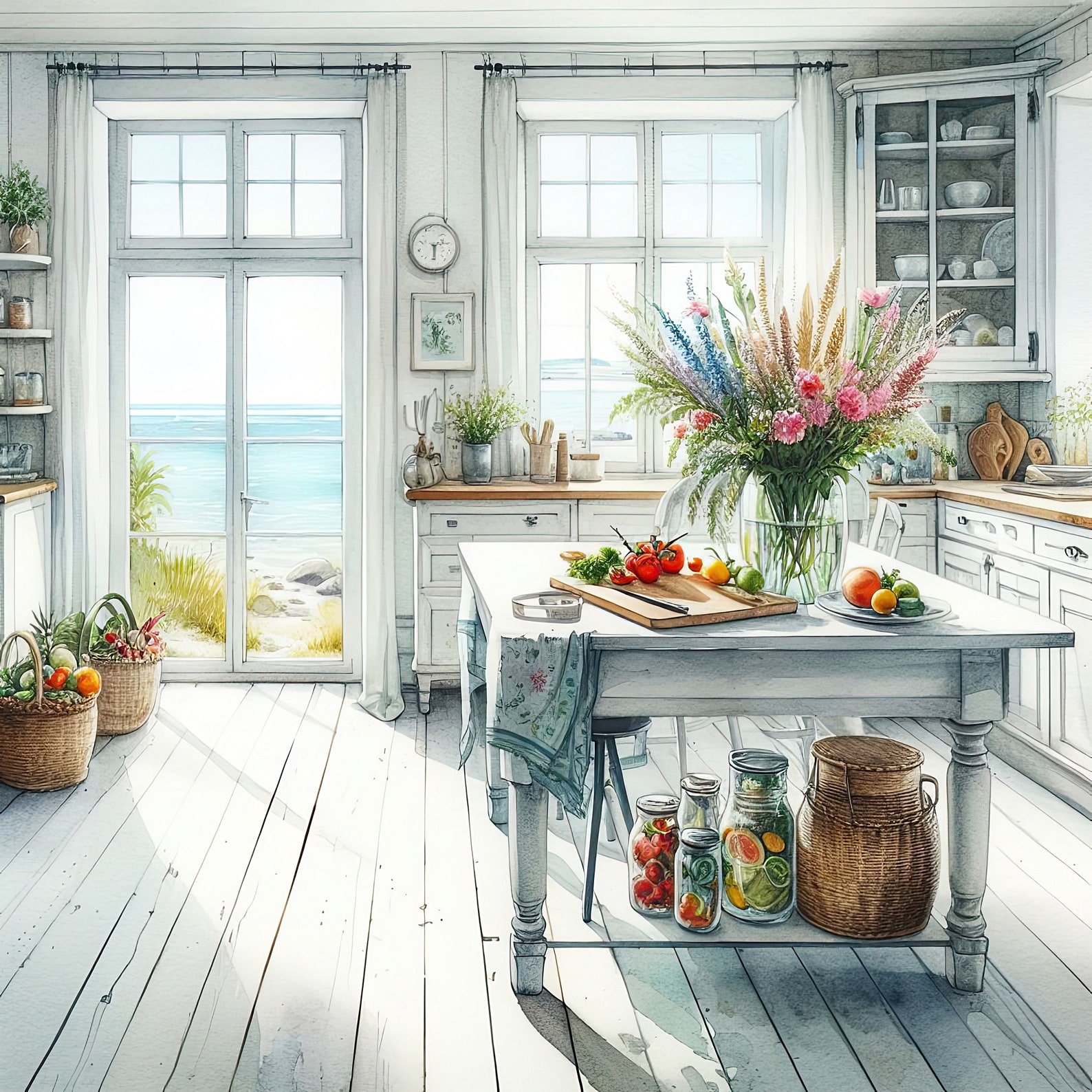 Watercolor Beach Cottage Kitchen Clipart Watercolor Kitchen Vintage ...