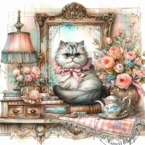 10 Shabby Chic Cat Clipart Watercolor Cat Clip Art Cat Images Bundle ...