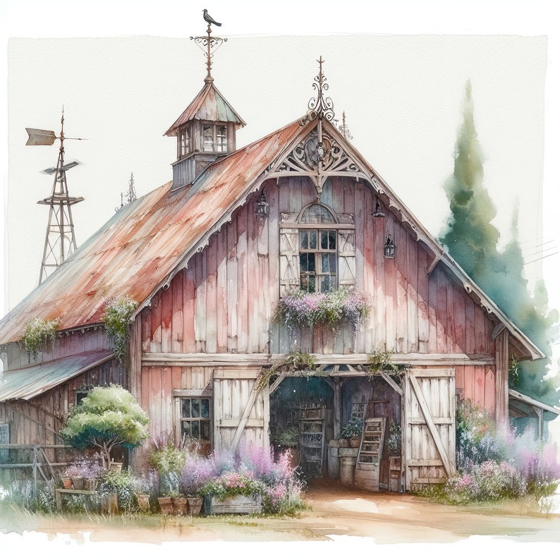 Watercolor Old Rustic Red Barn Clipart Bundle Vintage Clip Art Barn ...