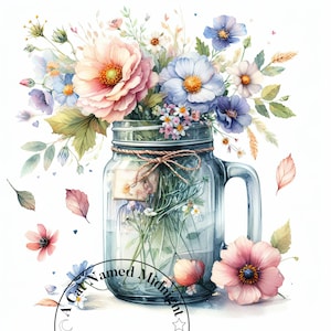10 Mason Jar Flowers Clipart Shabby Chic Floral Watercolor Vintage Clip ...