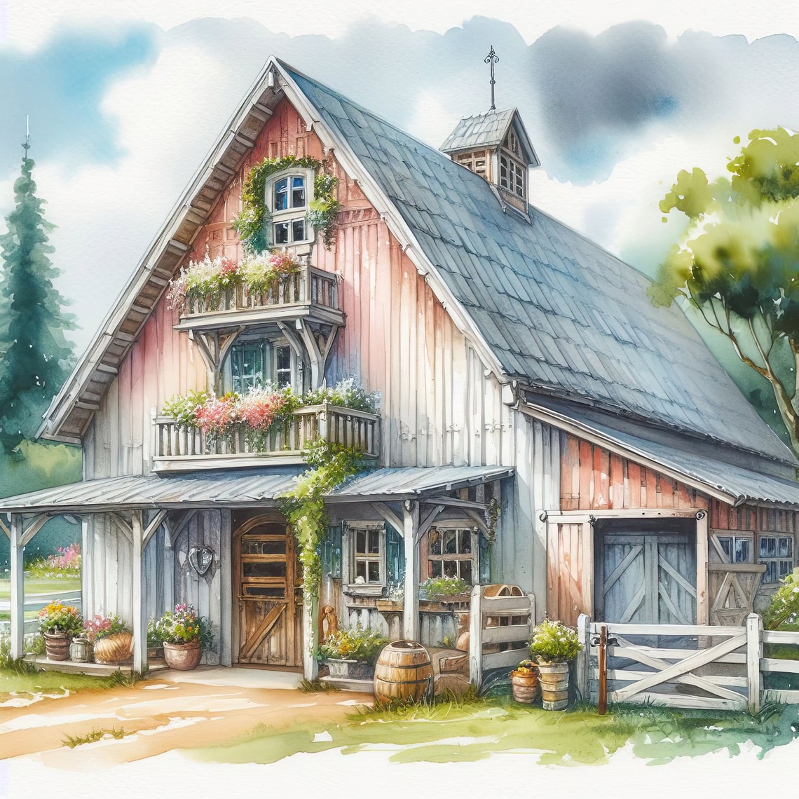 Watercolor Old Rustic Red Barn Clipart Bundle Vintage Clip Art Barn ...