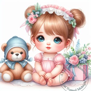 Sweet Baby Girl With Teddy Bear Clipart 12 Jpgs Little Girl Watercolor ...
