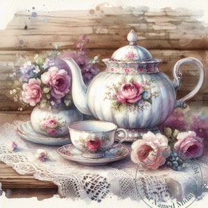 Shabby Chic Tea Cups Clipart 8 JPG Images Watercolor Clip Art Bundle ...
