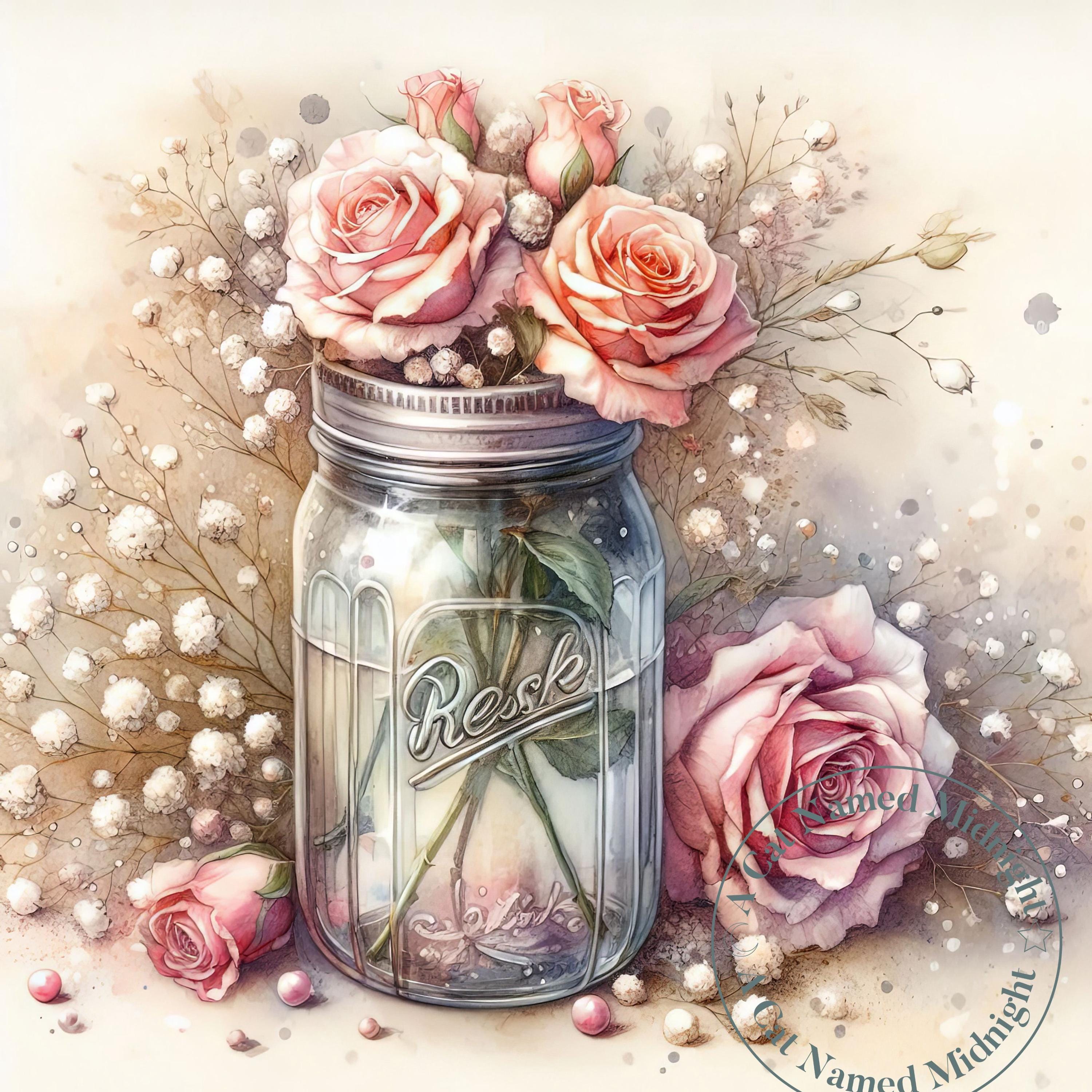 Roses in Mason Jars Clipart 10 JPG Shabby Chic Rose Clip Art Floral ...