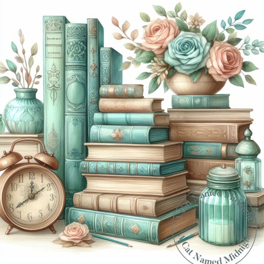 6 Shabby Chic Turquoise Books Clipart Watercolor Book Lover Clip Art ...