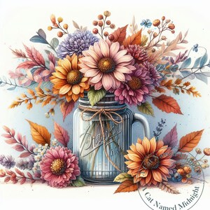 12 Autumn Mason Jar Flowers Clipart Shabby Chic Floral Watercolor ...
