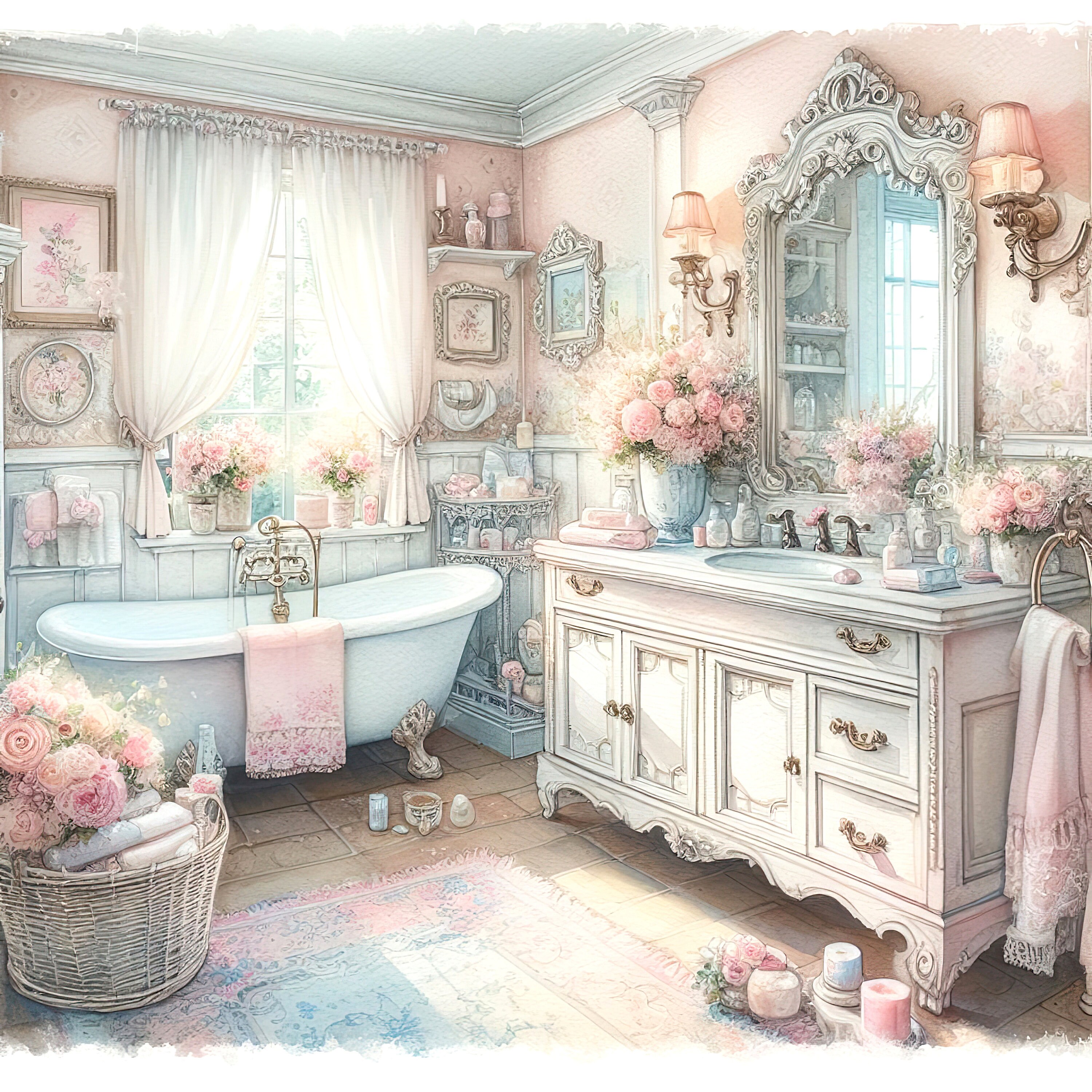Watercolor Shabby Chic Bathroom Clipart French Bathroom Vintage Clip ...
