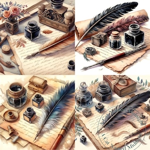 Vintage Writing Paper and Quill Clipart 12 Watercolor Book Lover Clip ...