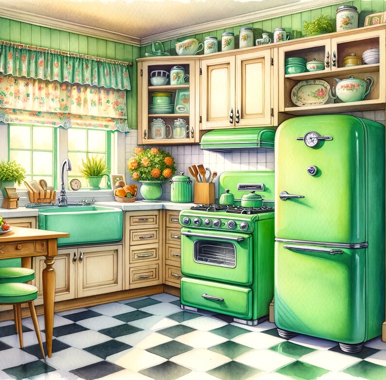 Watercolor Retro Green Kitchen Clipart Vintage 50's Kitchen Clip Art ...