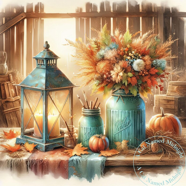 12 Autumn Mason Jar Floral Clipart Images Watercolor Fall Barn Clip Art ...