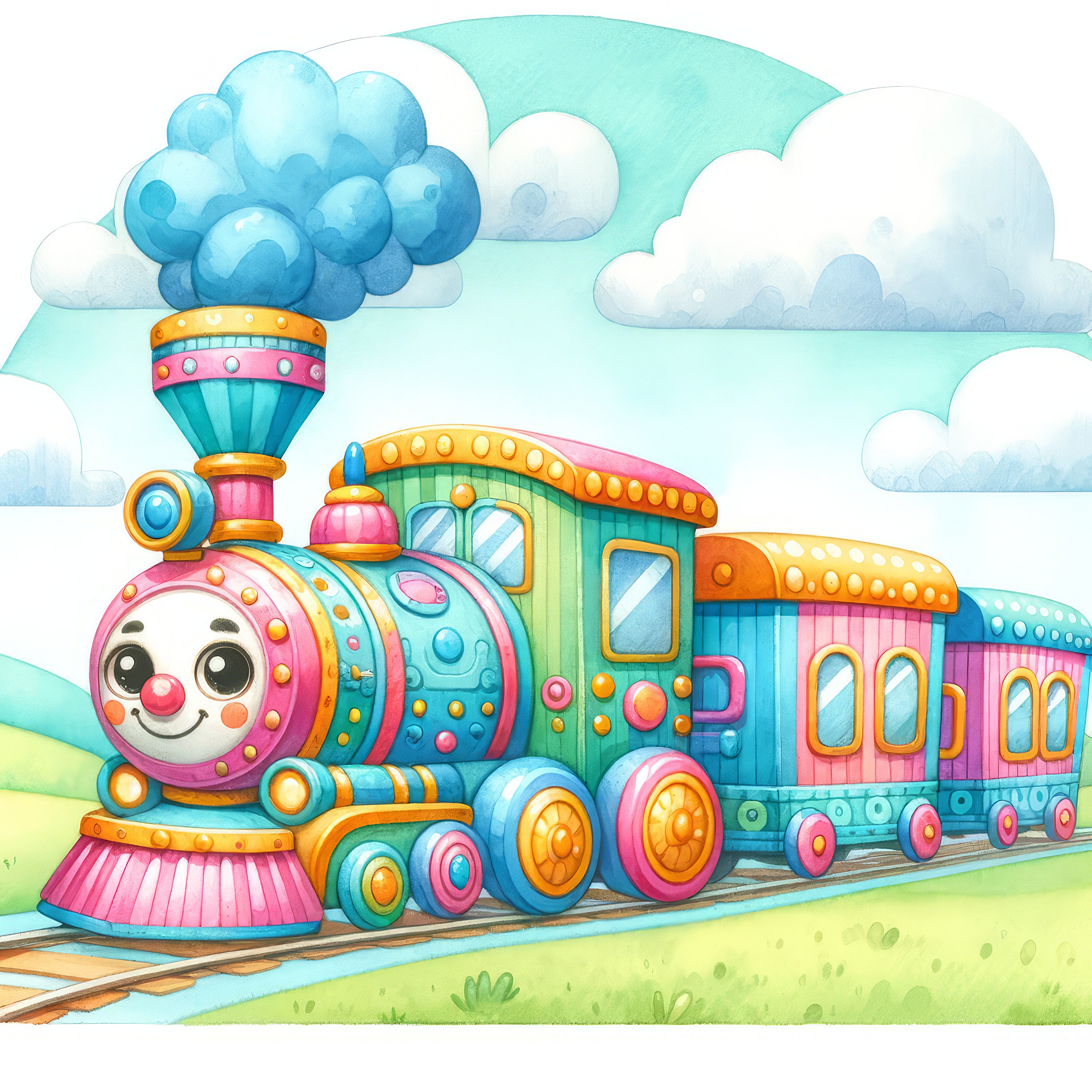 Nursery Watercolor Clipart for Children Toy Train Clip Art Colorful Kid ...